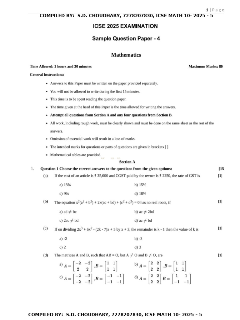 Math Class 10 Icse Set - 5 | PDF | Area | Geometry