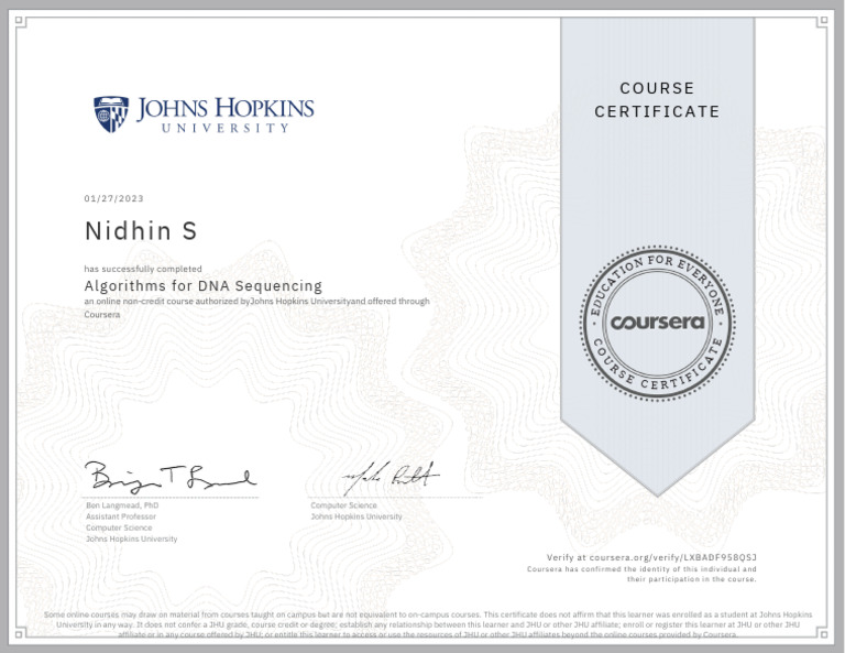 Certificate in DNA Sequencing Algorithms | PDF | Johns Hopkins University