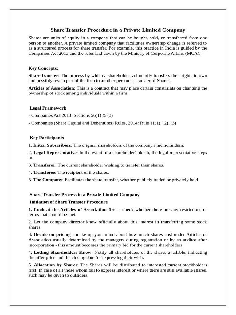 Share Transfer Procedure in A Private Limited Company | PDF | Stocks ...
