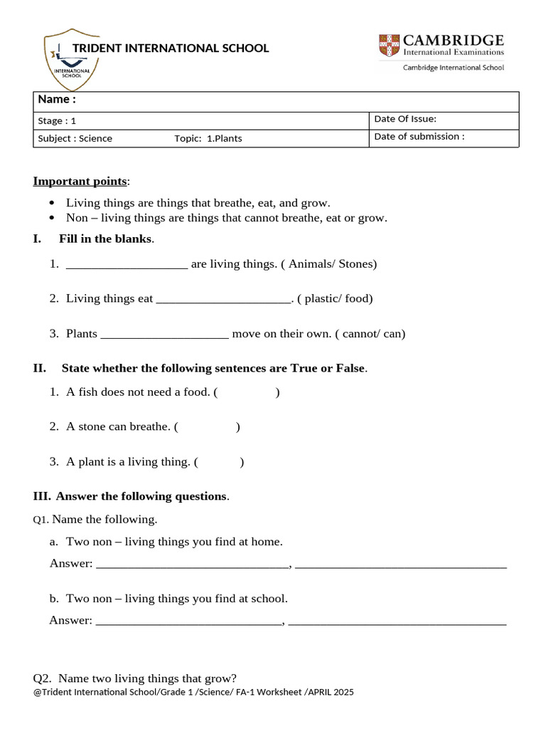 Stage - 1 Science Worksheet - 1 | PDF