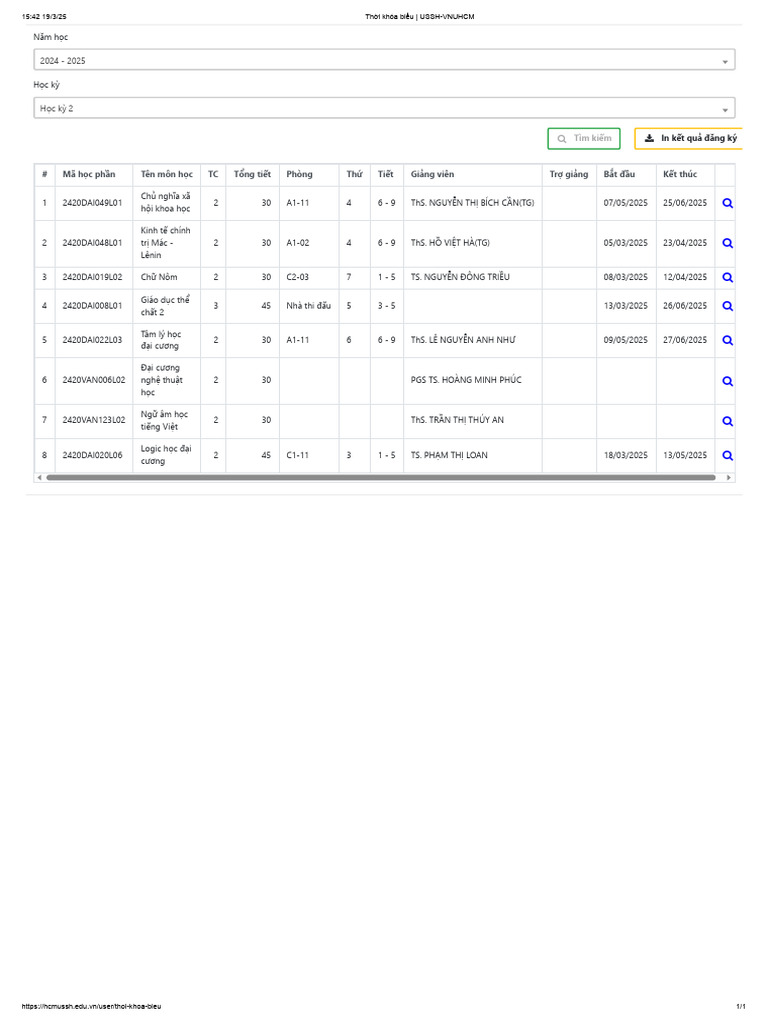 Thời khóa biểu _ USSH-VNUHCM | PDF