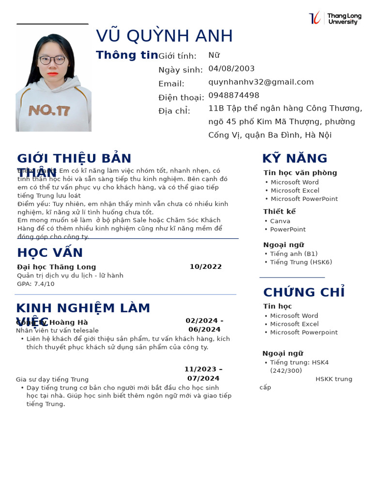 Vu Quynh Anh CV TTDN | PDF