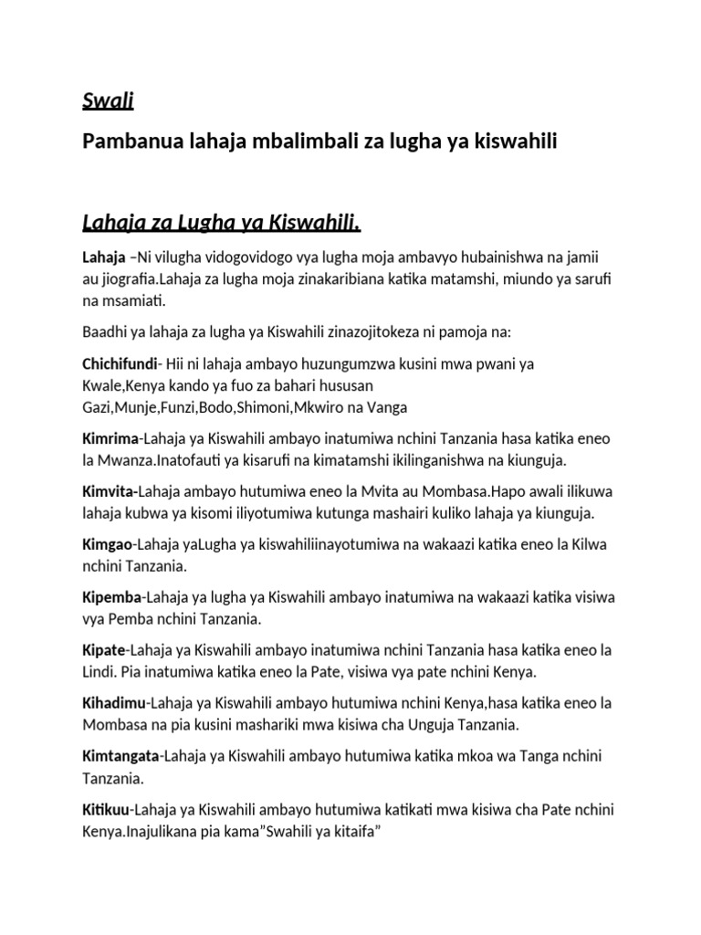 Lahaja Za Lugha Ya Kiswahili | PDF