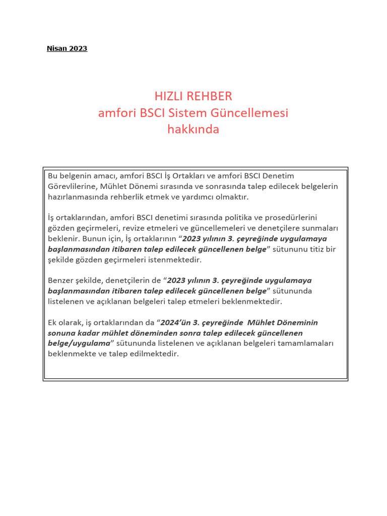 Quick Guidance On Amfori Bsci System Update Turkish | PDF