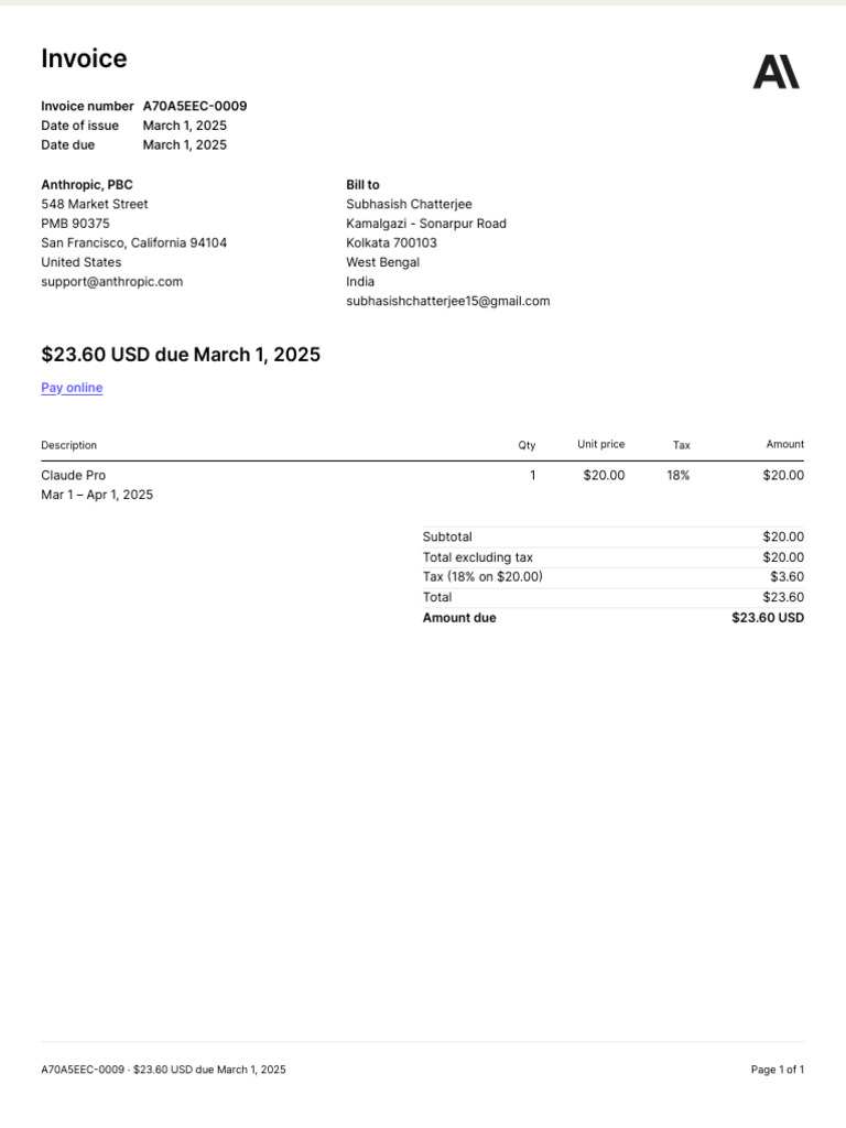 Claude Invoice March Month | PDF