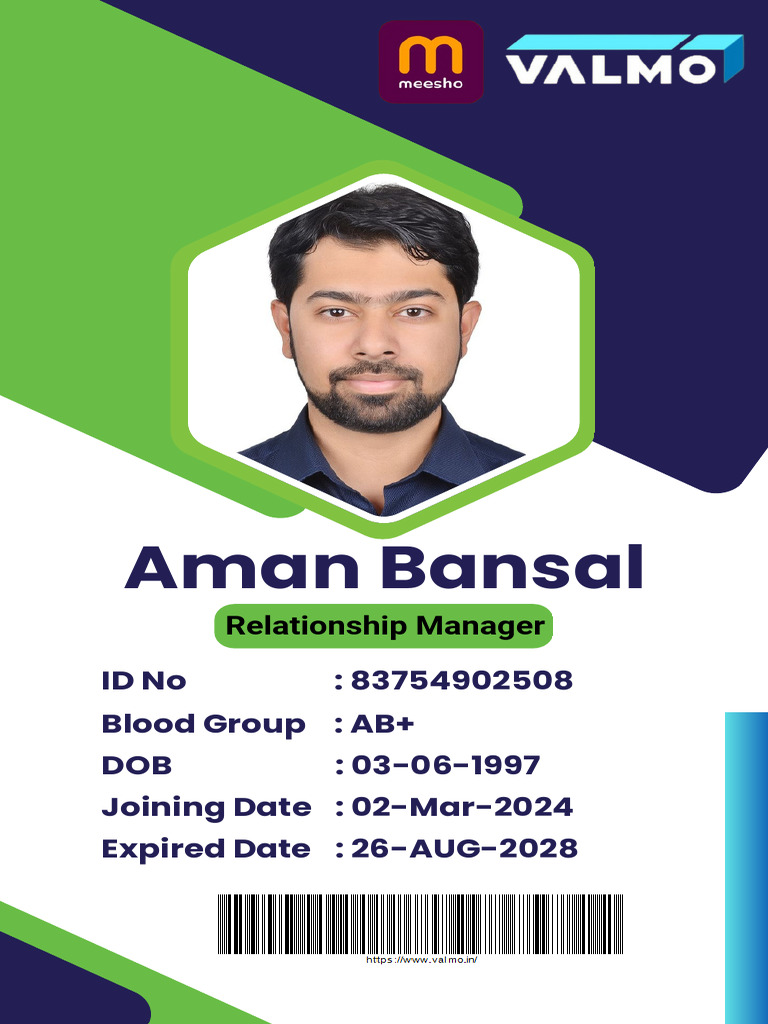 Meesho-Valmo - (Aman Bansal) ID Card | PDF