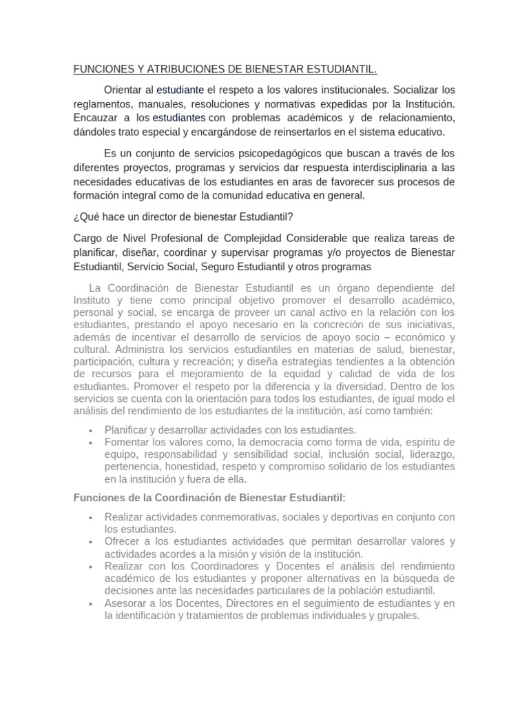 Funciones y Atribuciones de Bienestar Estudiantil | PDF | Institución | Trabajo Social