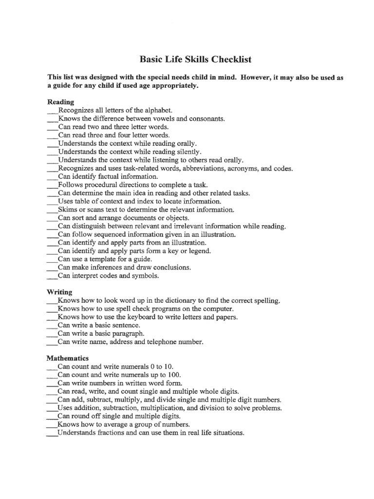 Basic LIfe Skills Checklist | PDF
