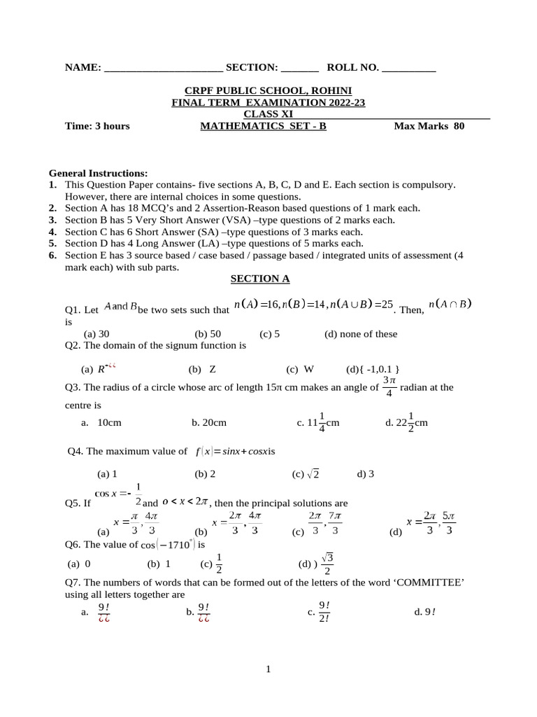 CLASS XI MATHS SET-2 FINAL TERM 2022-23 | PDF | Elementary Geometry | Mathematical Concepts