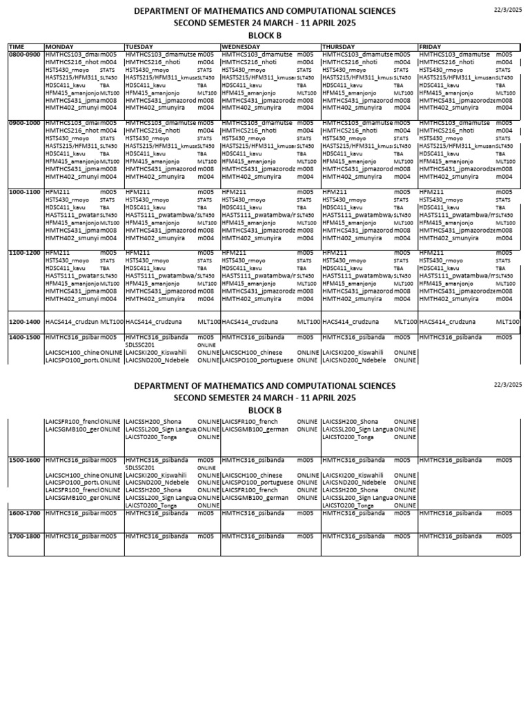 MCS Block B 2025 SEM2 Draft Timetable | PDF