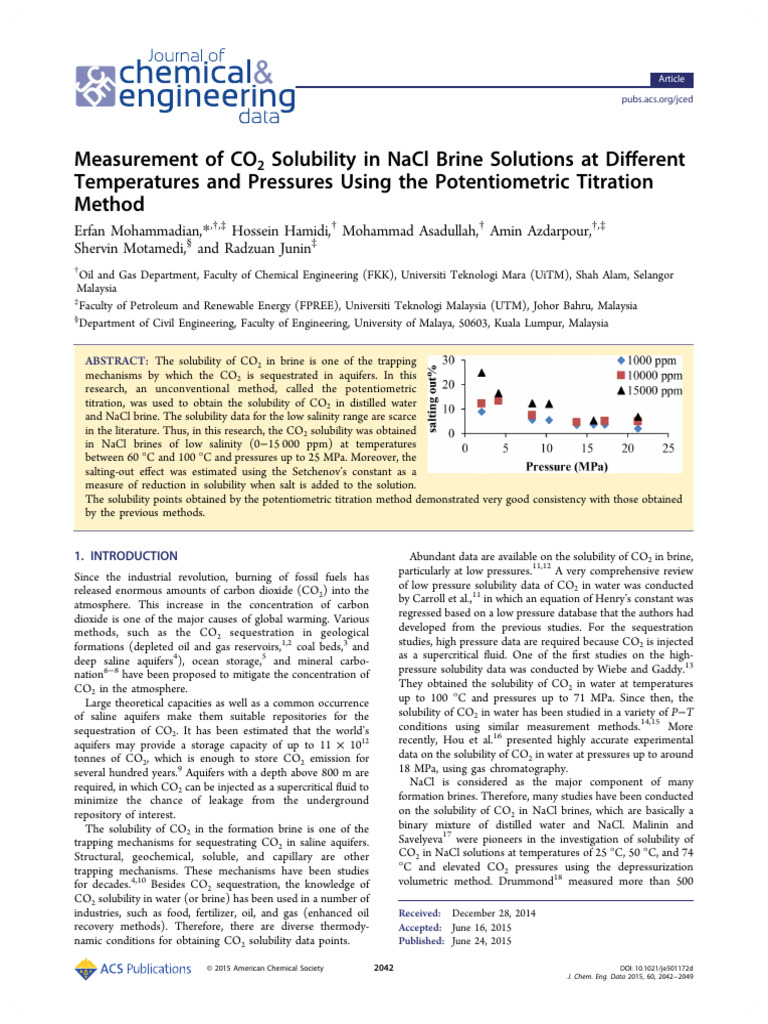 Measurement of CO 2 Solubility in NaCl Brine Solutions at DiﬀerentTemperatures and Pressures ...