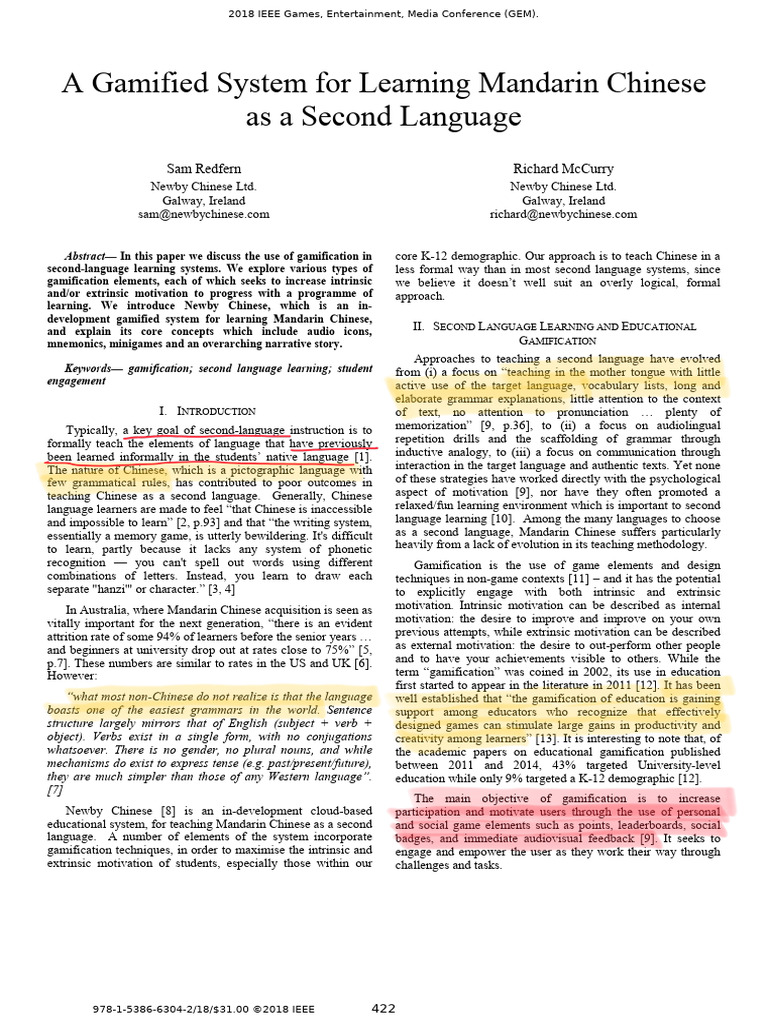 A Gamified System For Learning Mandarin Chinese | PDF | Second Language ...