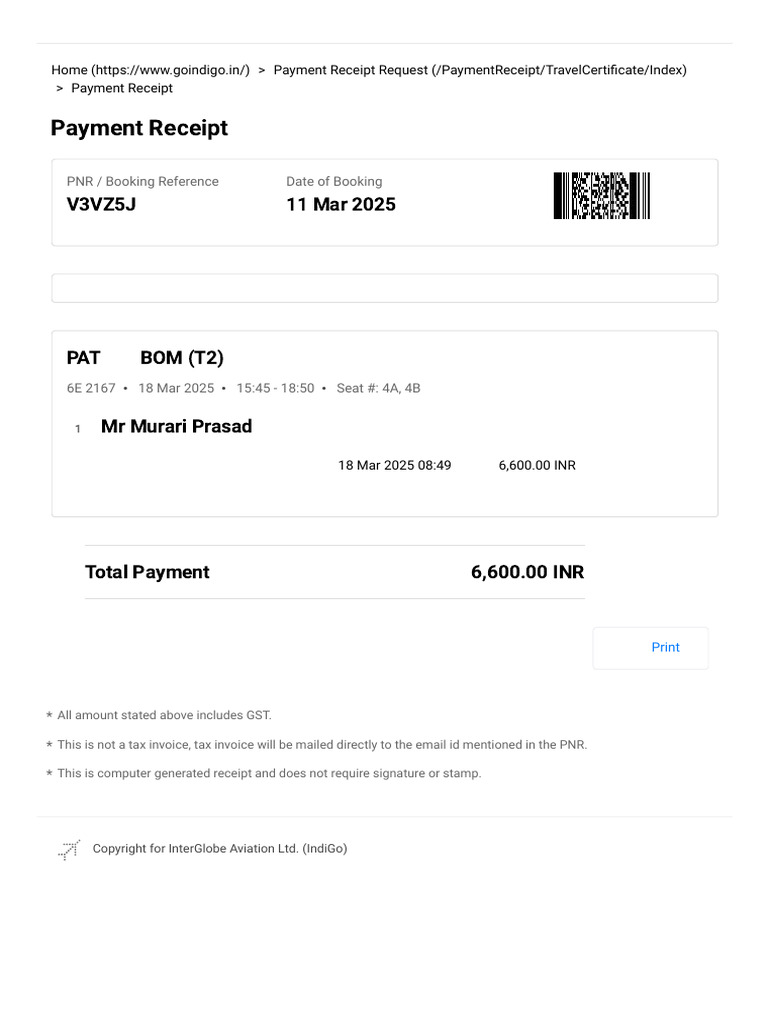Indigo Payment Receipt | PDF