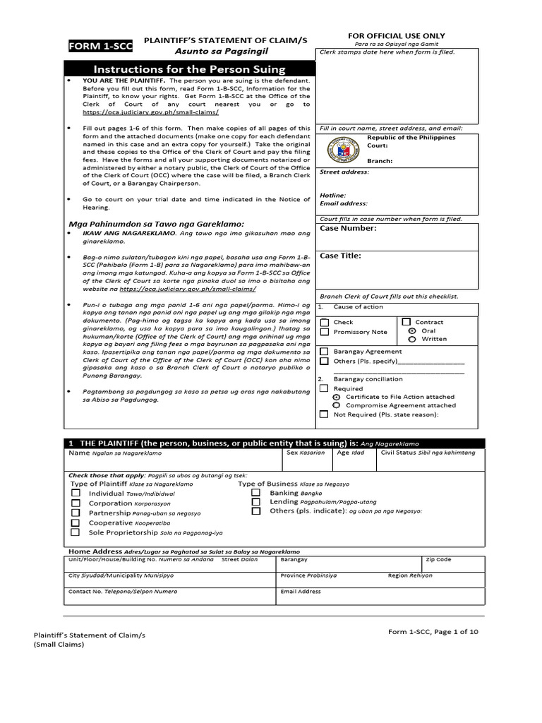 Instructions For The Person Suing: Form 1 SCC | PDF