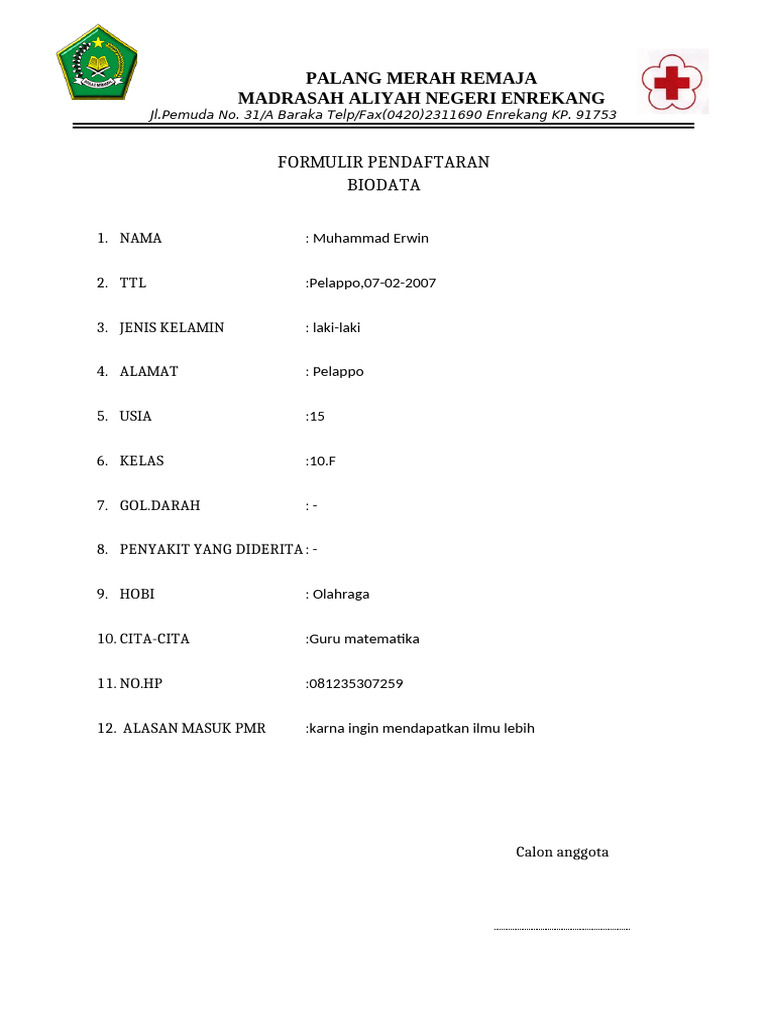 Formulir Pendaftaran PMR MAN Enrekang | PDF