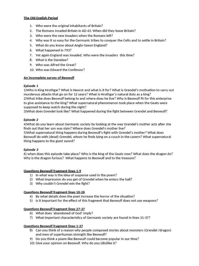 The Old English Period Questions | PDF | Beowulf | Anglo Saxons