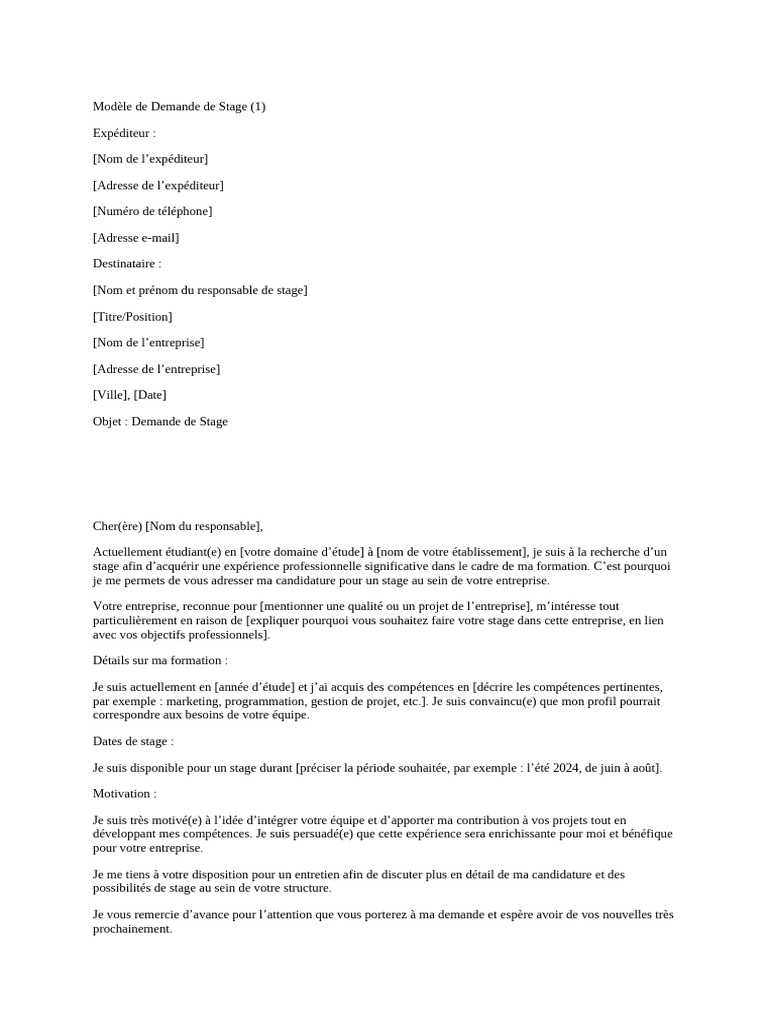 Modèle de Demande de Stage Simple | PDF