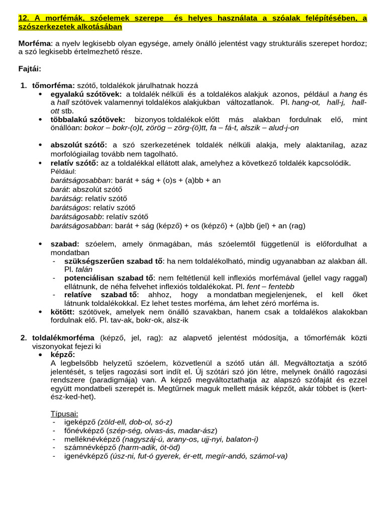 12 - A Morfémák, Szóelemek Szerepe És Helyes Használata A Szóalak Felépítésében, A ...