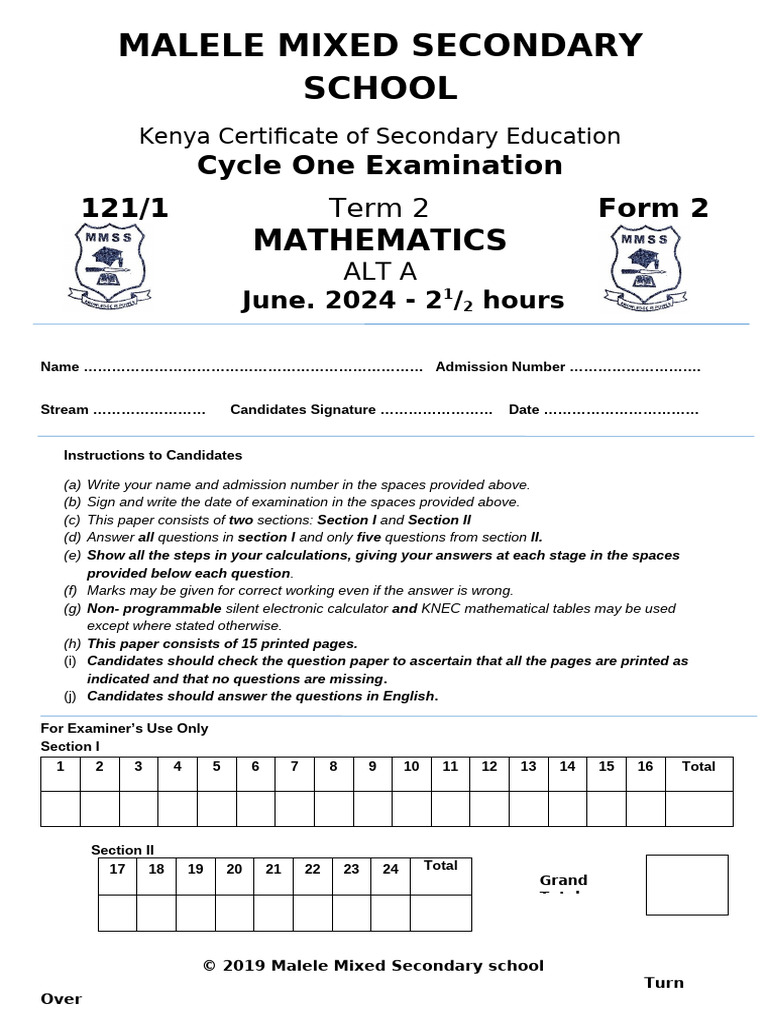 Maths Form 2 Mid Term 2 2024 | PDF | Area | Circle