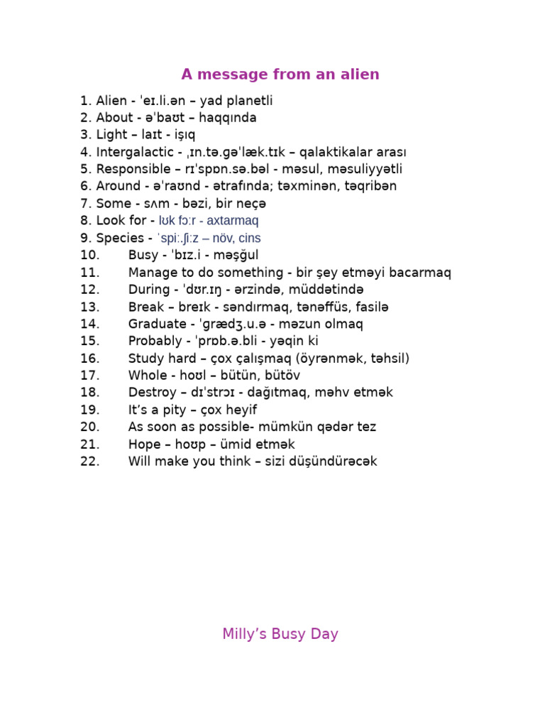 Alien and Milly Vocab | PDF