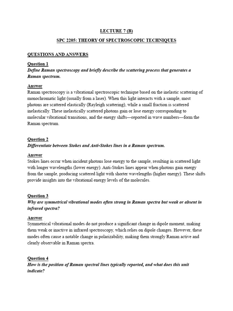 LECTURE 7 B-Questions and Answers On Raman Spectros | PDF | Raman ...