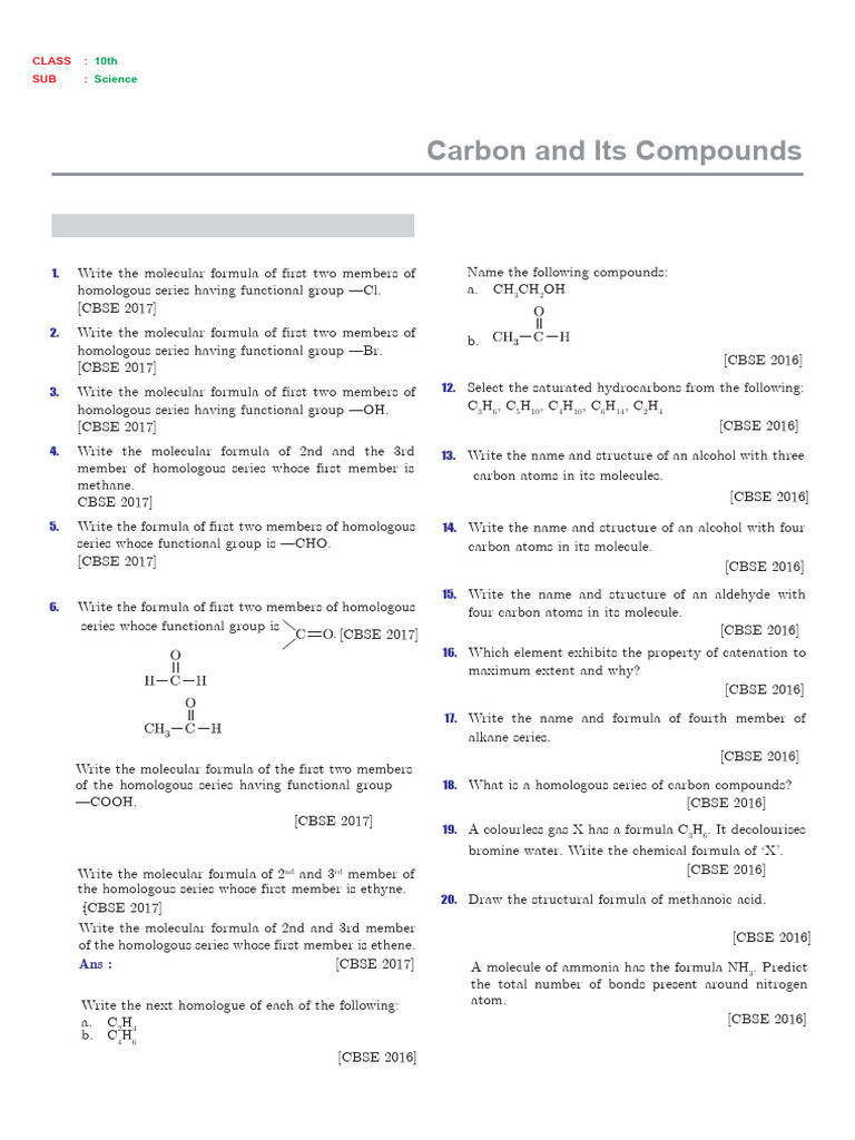 Carbon Compounds Practice Questions | PDF | Ethanol | Chemical Reactions