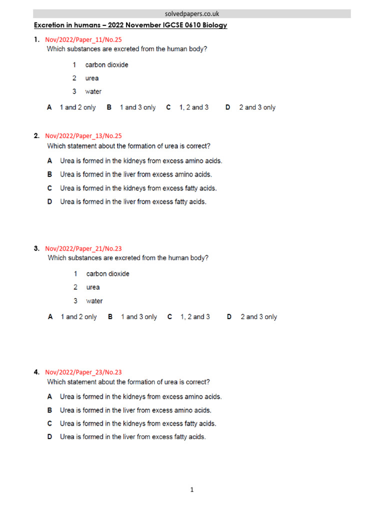 2022N Excretion in Humans IGCSE 0610 Biology 3 | PDF