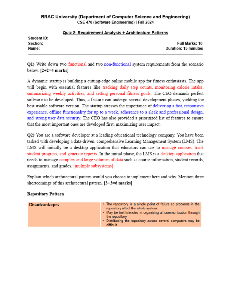 CSE 470 Quiz: Requirements & Architecture | PDF | Usability | Software ...