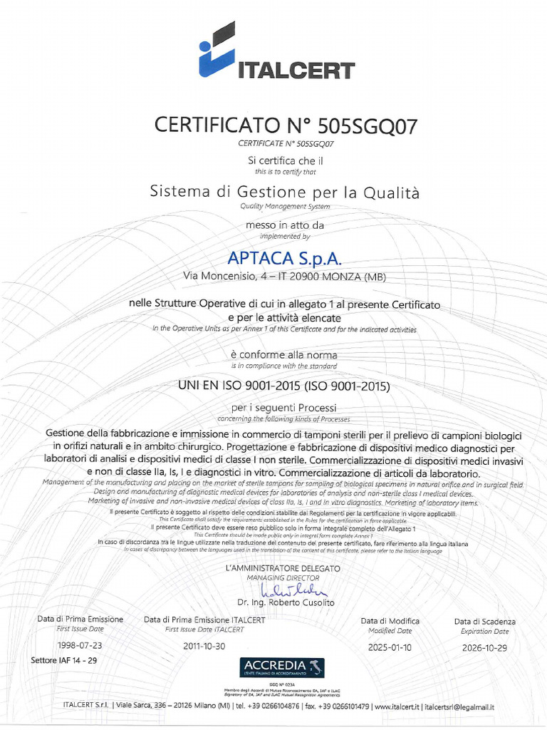 Aptaca SpA ISO 9001 Exp.29.10.2026 | PDF