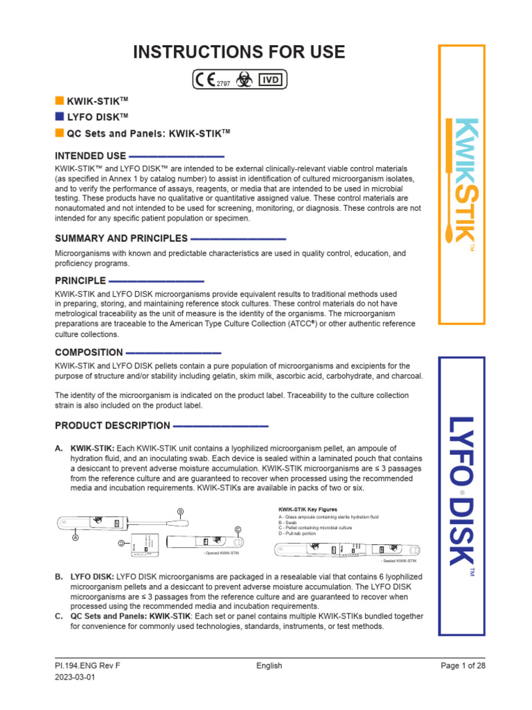 PI.194.ENG KWIK STIK, LYFO DISK, QC Sets and Panels IFU Revision F | PDF | Bacteria | Microbiology