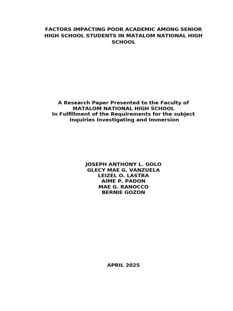 Factors Impacting Poor Academic Among Senior High School Students in ...