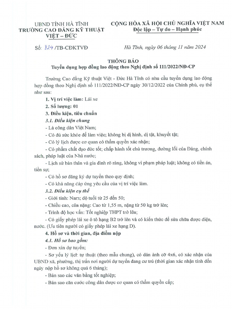 QD 824-CDKTVD Ngay 6-11-2024 Thong Bao Tuyen Dung Hop Dong Lao Dong Theo Nghi Dinh 111-ND-CP ...
