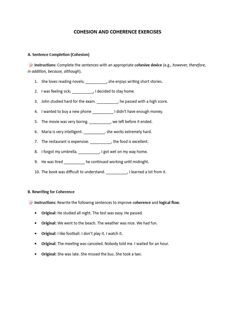 Cohesion and Coherence Exercises | PDF