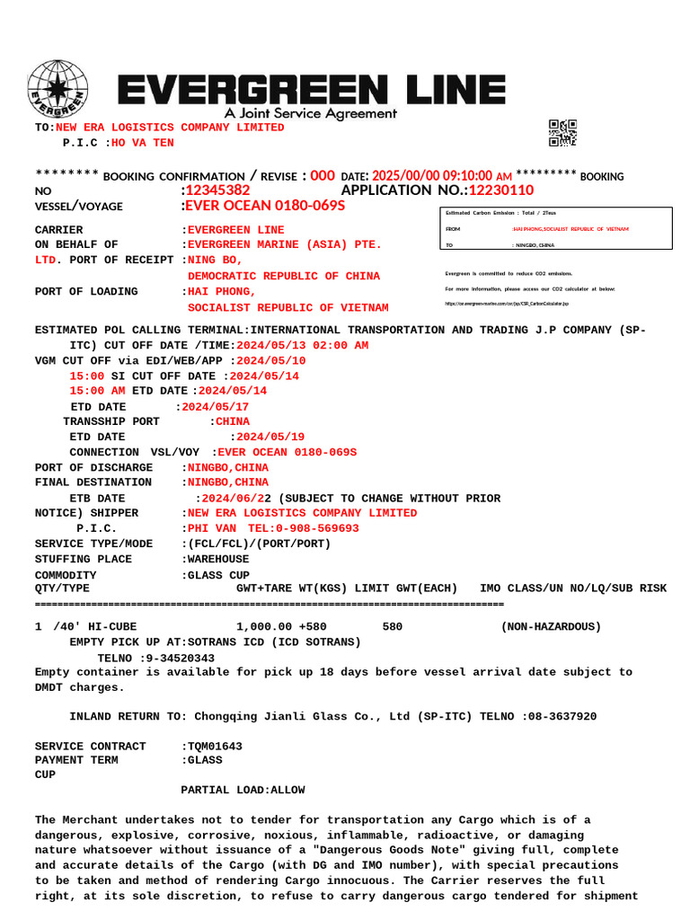 Booking Confirmation of Evergreen | PDF | Cargo | Transport