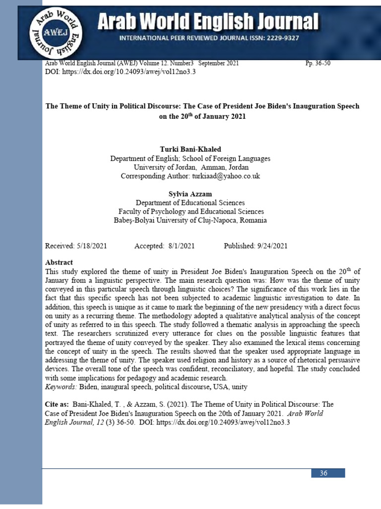 Unity in Biden's Inauguration Speech | PDF | Linguistics | Rhetoric