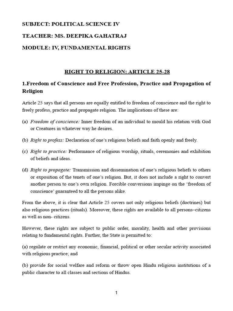 Fundamental Rights- Article 25-28 | PDF | Psychological Attitude