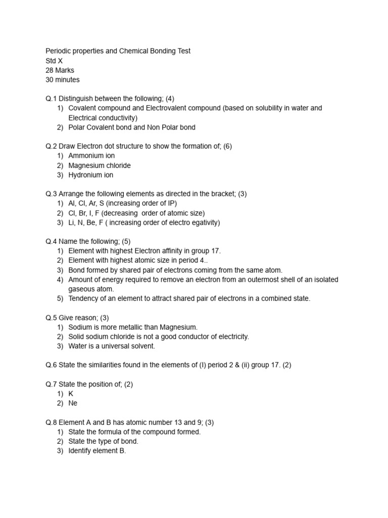 STD X Periodic Properties and Chemical Bonding Test (May22) | PDF