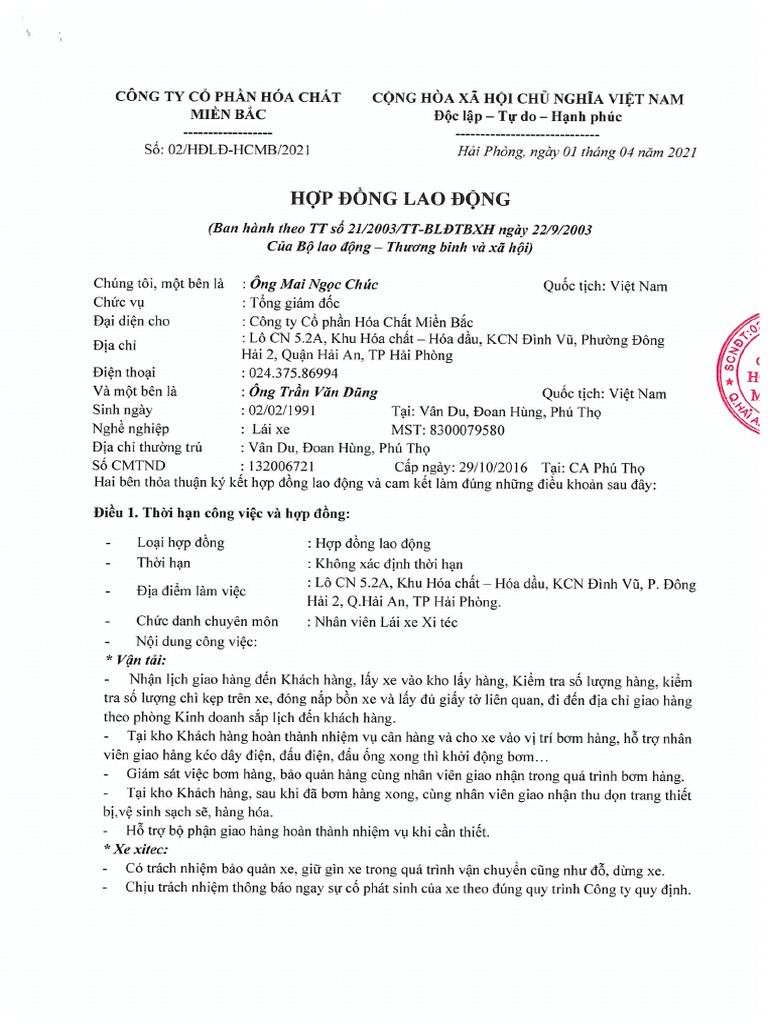 Hop Dong Lao Dong Tran Van Dung | PDF