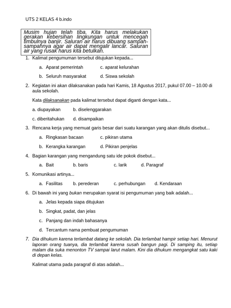 UTS 2 KELAS 4 b.indo | PDF