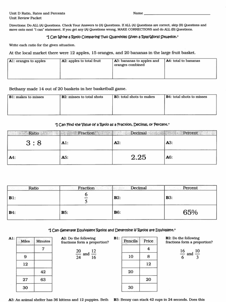 Unit D Ratio Rates and Percents Unit Review | PDF