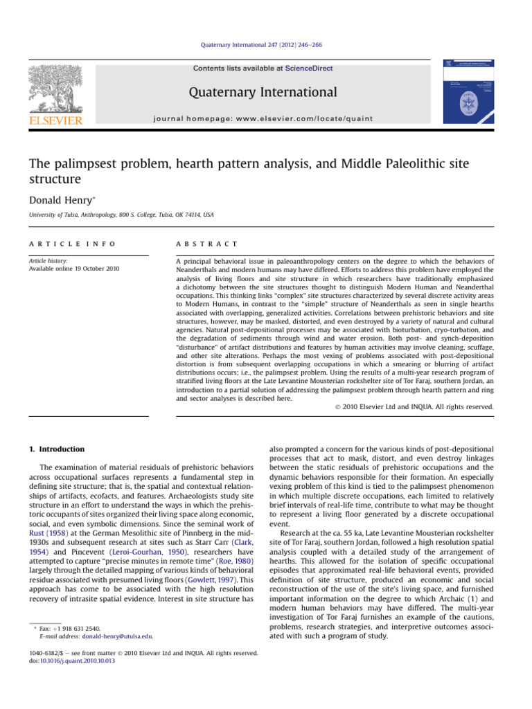 The Palimpsest Problem Hearth Pattern Analysis and Mi 2012 Quaternary ...