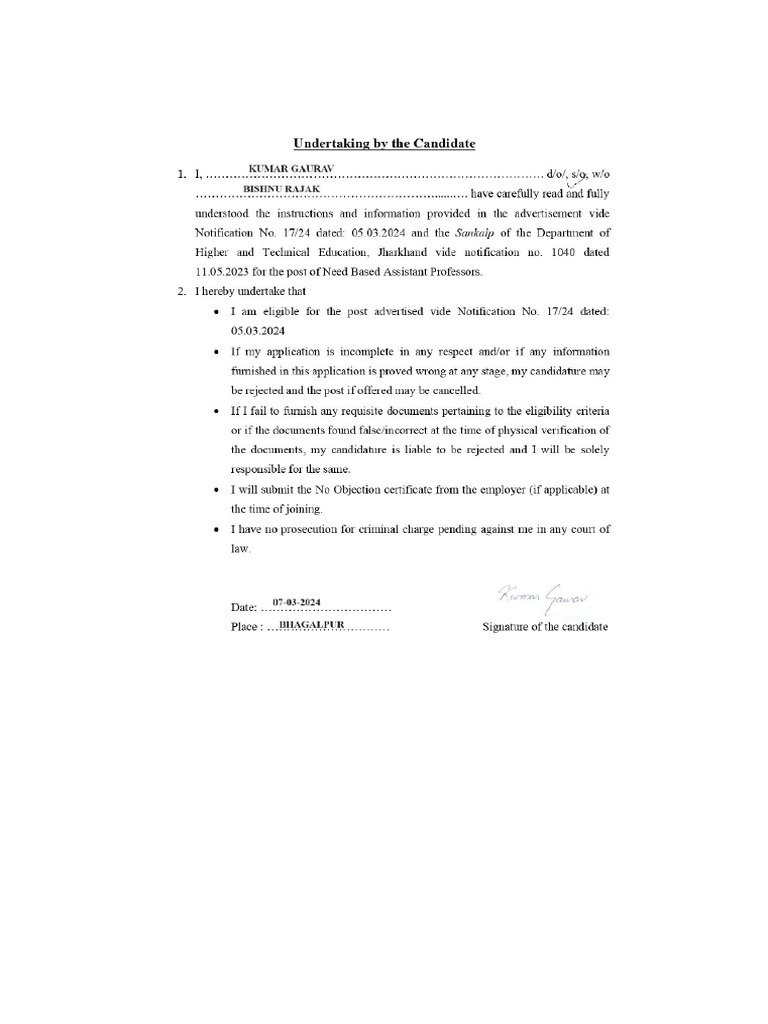 Jharkhand Assistant Professor Self Declaration | PDF