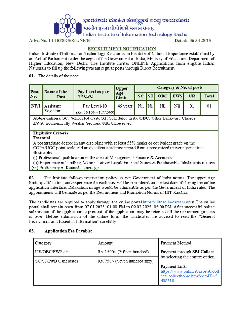 IIIT Raichur Assistant Registrar Recruitment | PDF