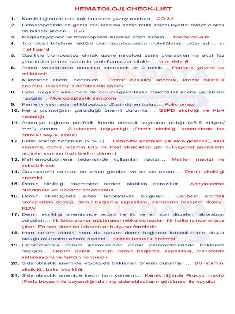 Hematoloji Check List | PDF