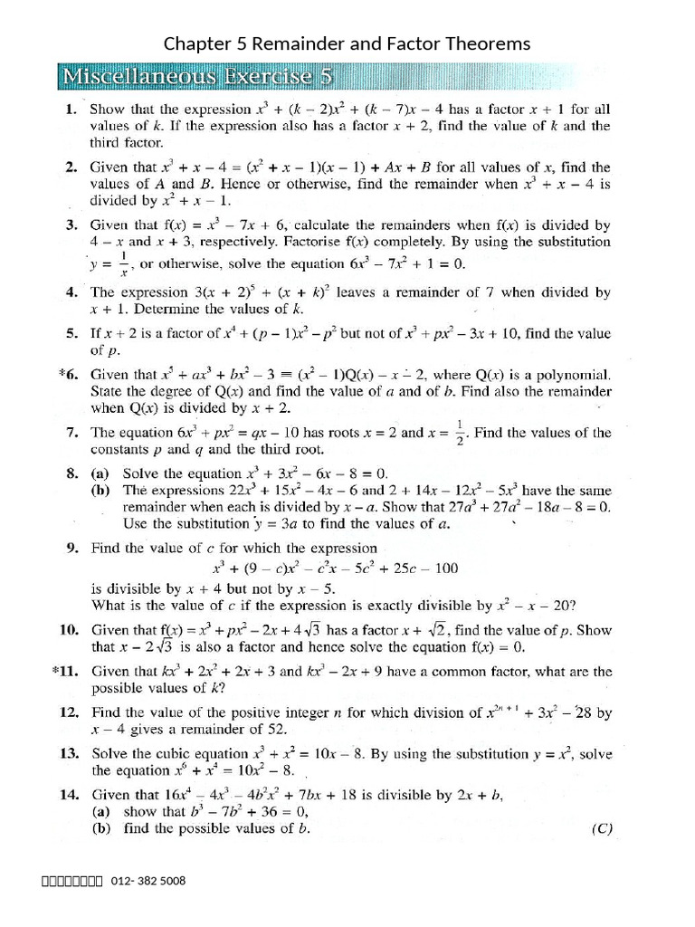Chapter 5 Remainder and Factor Theorems-A | PDF