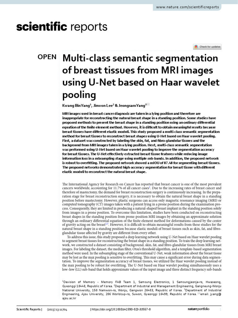 Multi Class Semantic Segmentation of Breast Tissues From MRI Images Using U Net Based On Haar ...
