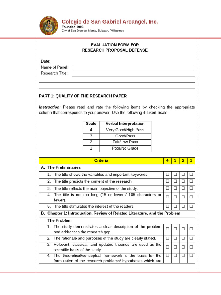 Orm E-1 - Evaluation Form For Research Proposal Defense | PDF ...