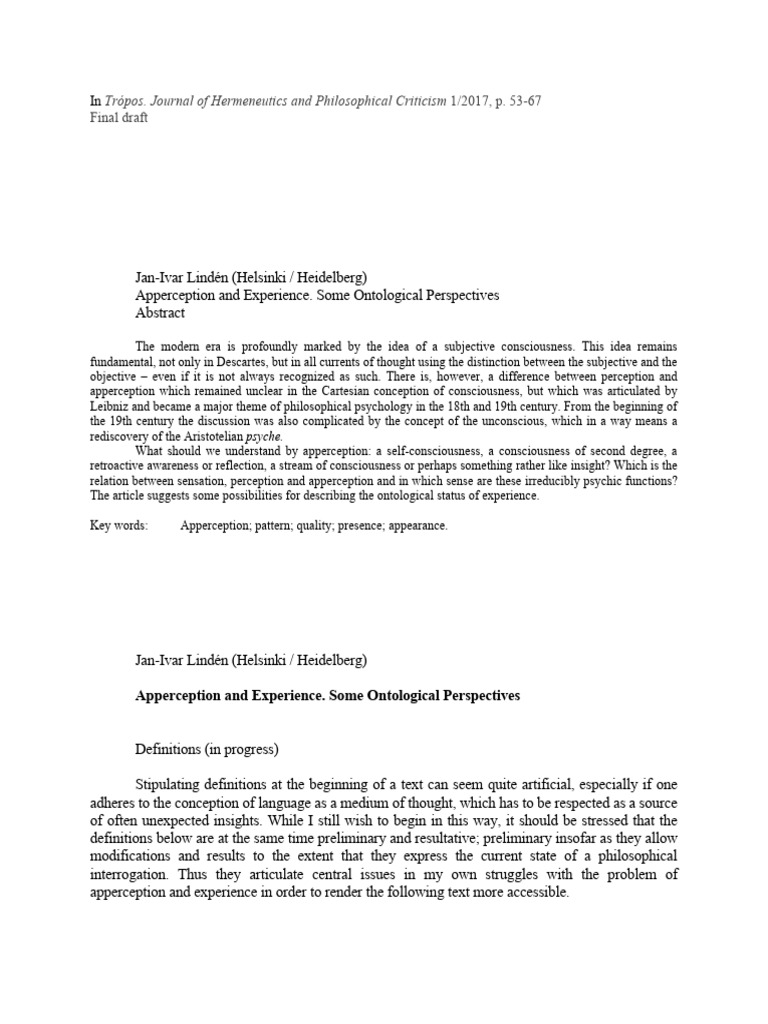 Apperception_and_Experience_Some_Ontolog | PDF | Experience | Idea