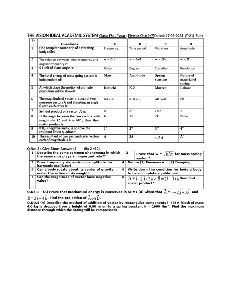 T-21CH 2+7 1st YEAR 17-03-2025 | PDF | Quantity | Motion (Physics)