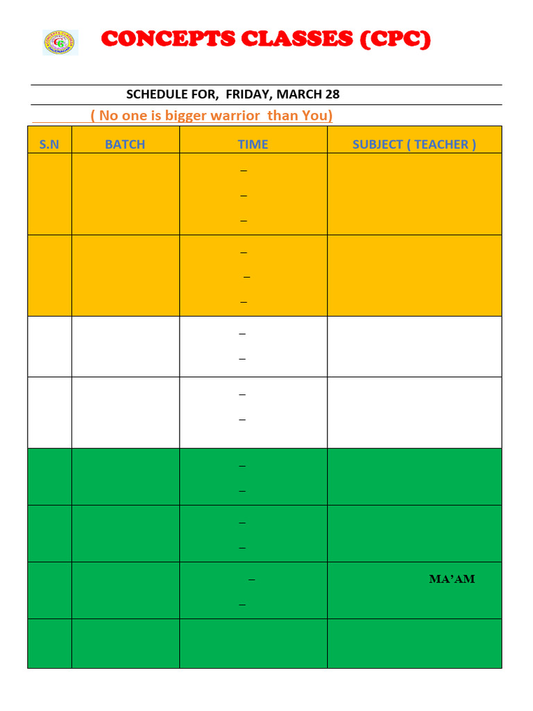 Concepts Classes Schedule 28 March 25 | PDF